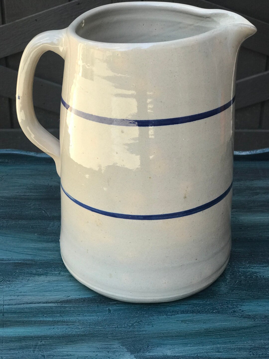 Large Vintage Crock Pitcher Blue Stripe Stoneware Farmhouse Style ...