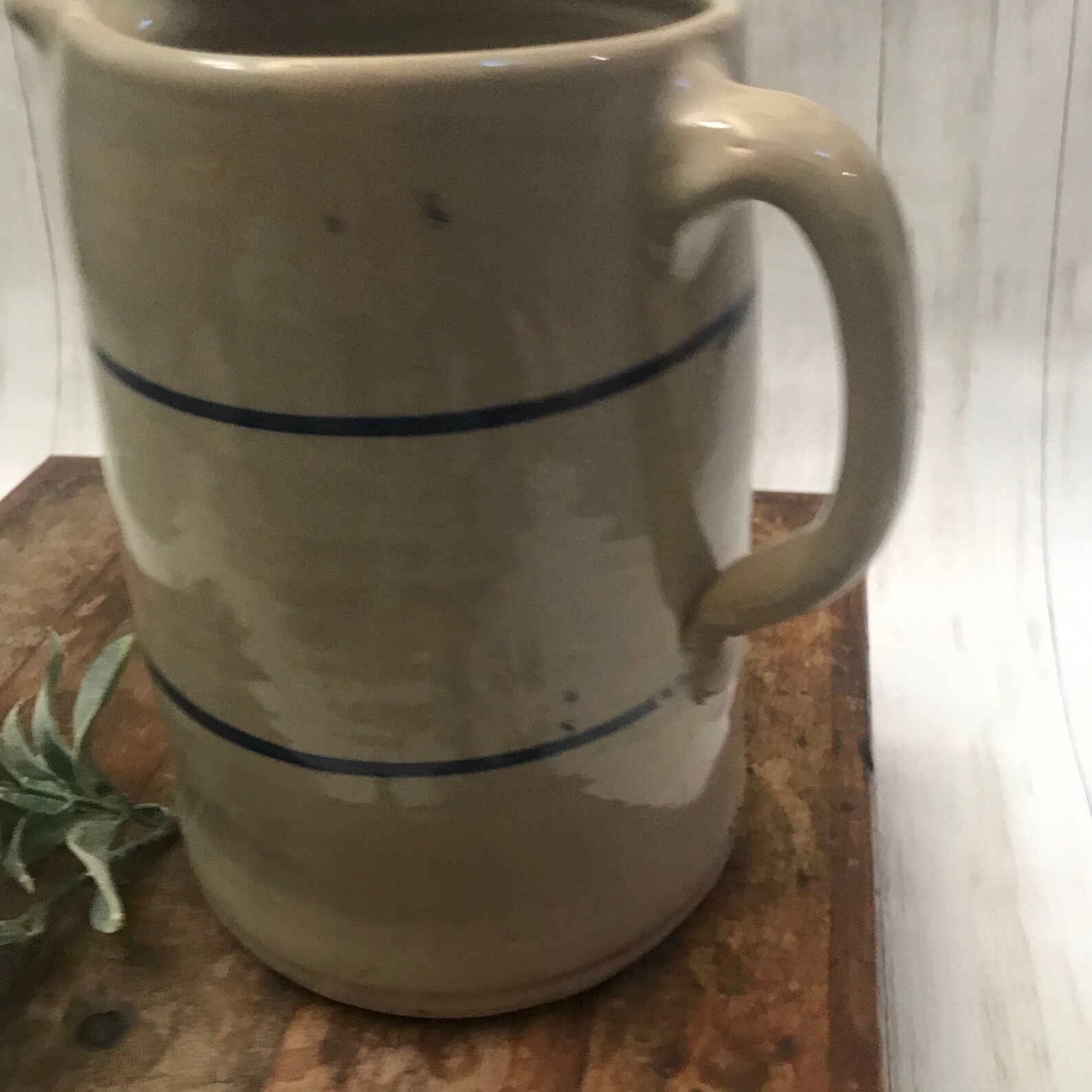 Large Vintage Crock Pitcher Blue Stripe | Stoneware | Farmhouse Style ...