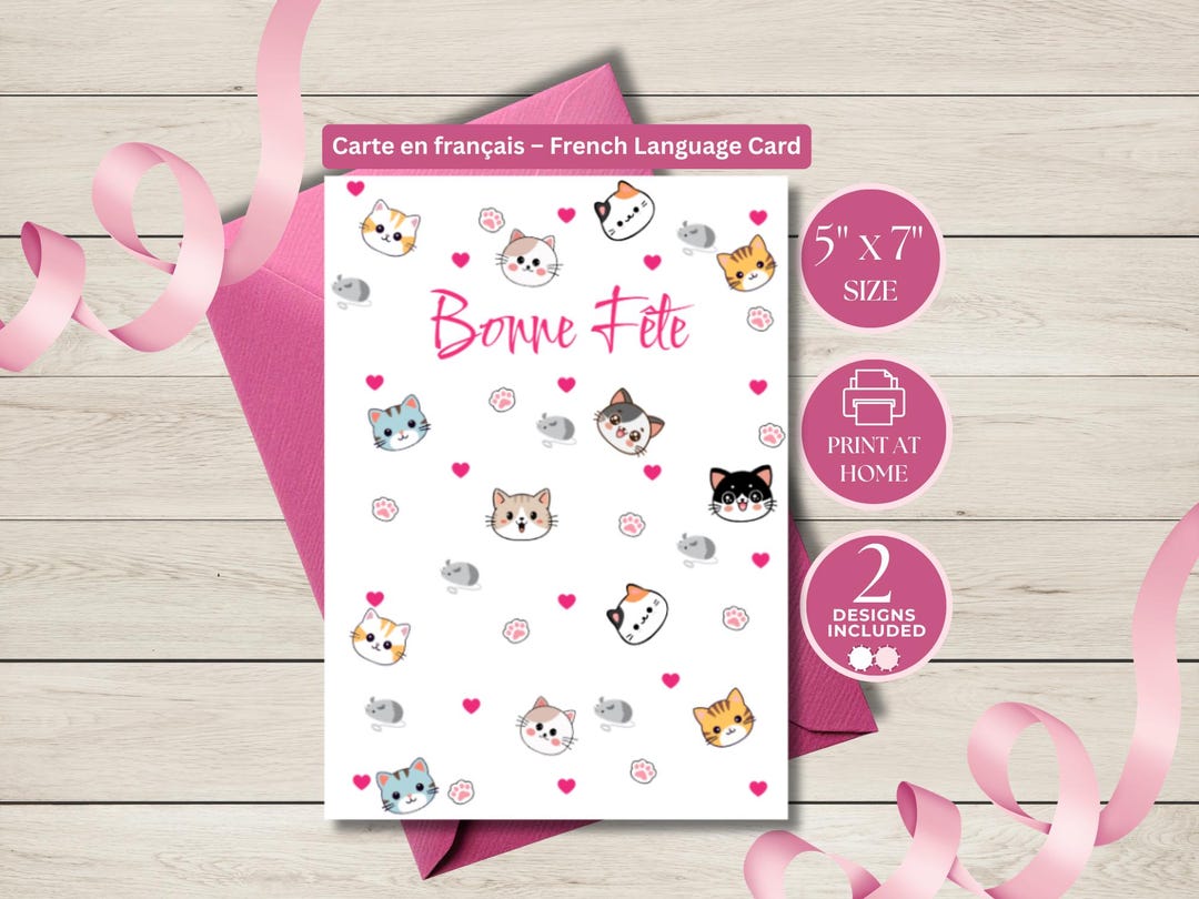Kawaii Cat French Birthday Card, Printable Bonne Fête Greeting (digital ...
