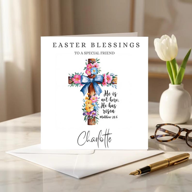 Easter Blessing Card, Floral Cross Easter Card, Christian Easter Card ...