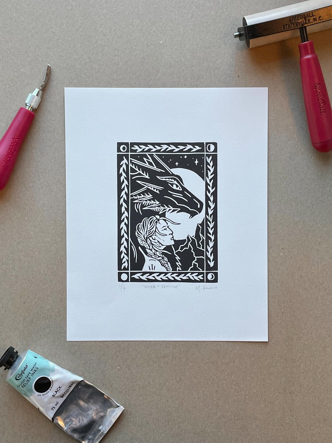 Manon & Abraxos Linocut - 'witch + Familiar' | Throne of Glass | 8x10 ...