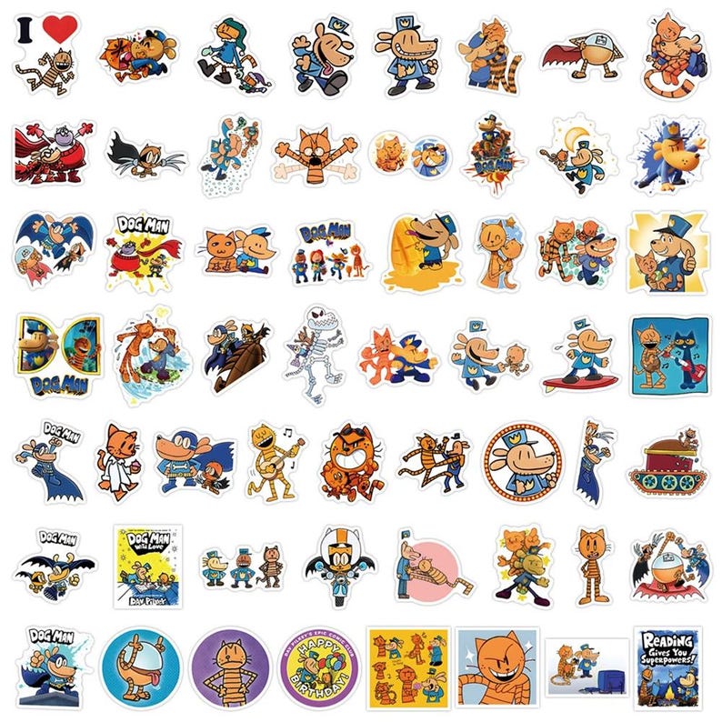 50 Pcs Comic Book Hero Dog Sticker Pack, Police Dog and Cat Cartoon ...