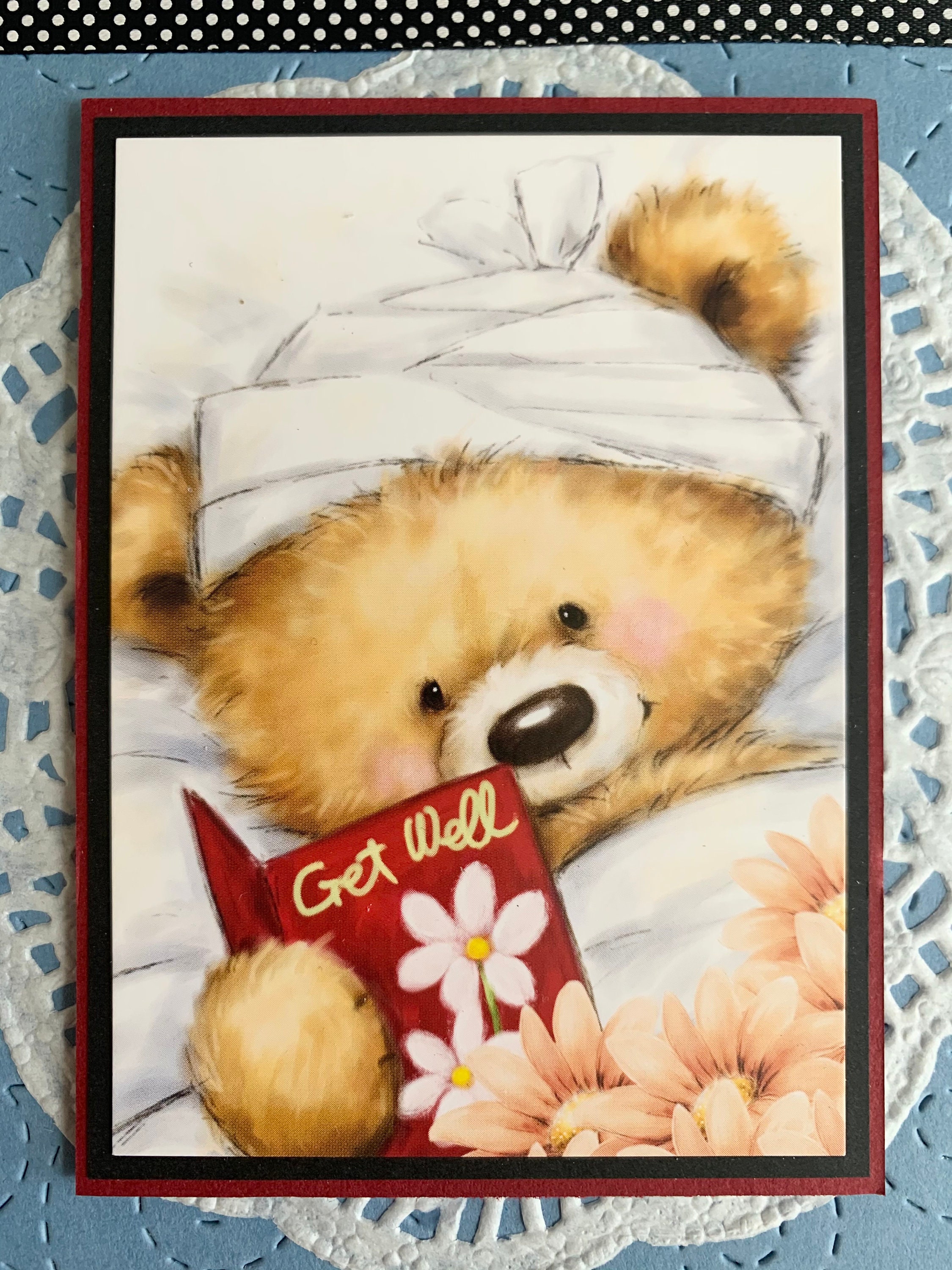 Get well soon greeting card with cute teddy bear, handmade blank feel ...
