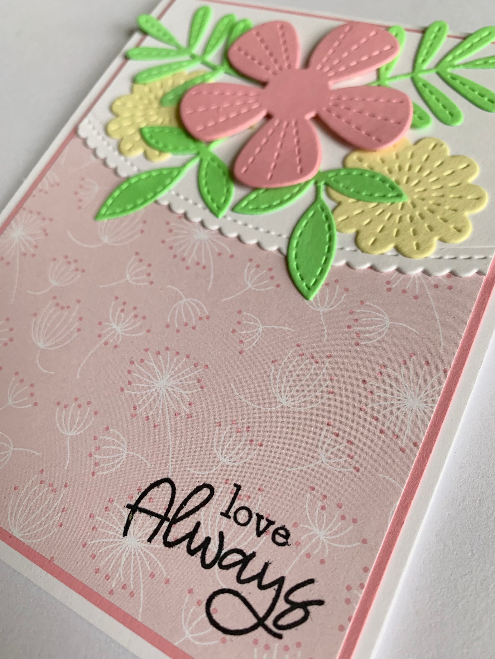 Handmade pink greeting card with die cut flowers love always | Etsy