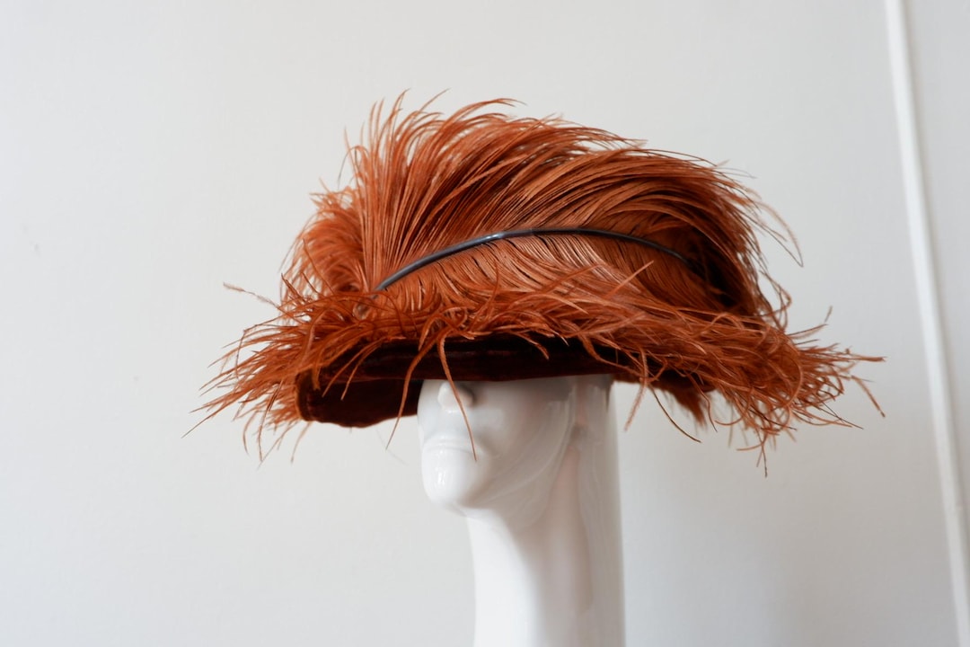 Antique 1930s Copper Ostrich Feather Hat Cloche | Art Deco Velvet Hat ...