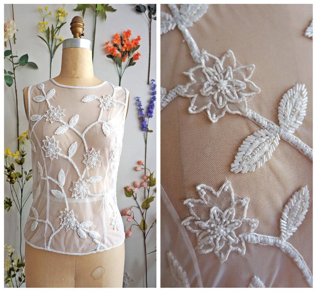 White Sheer Mesh Beaded Floral Top/ Chiffon Embroidered Blouse/ Bridal ...
