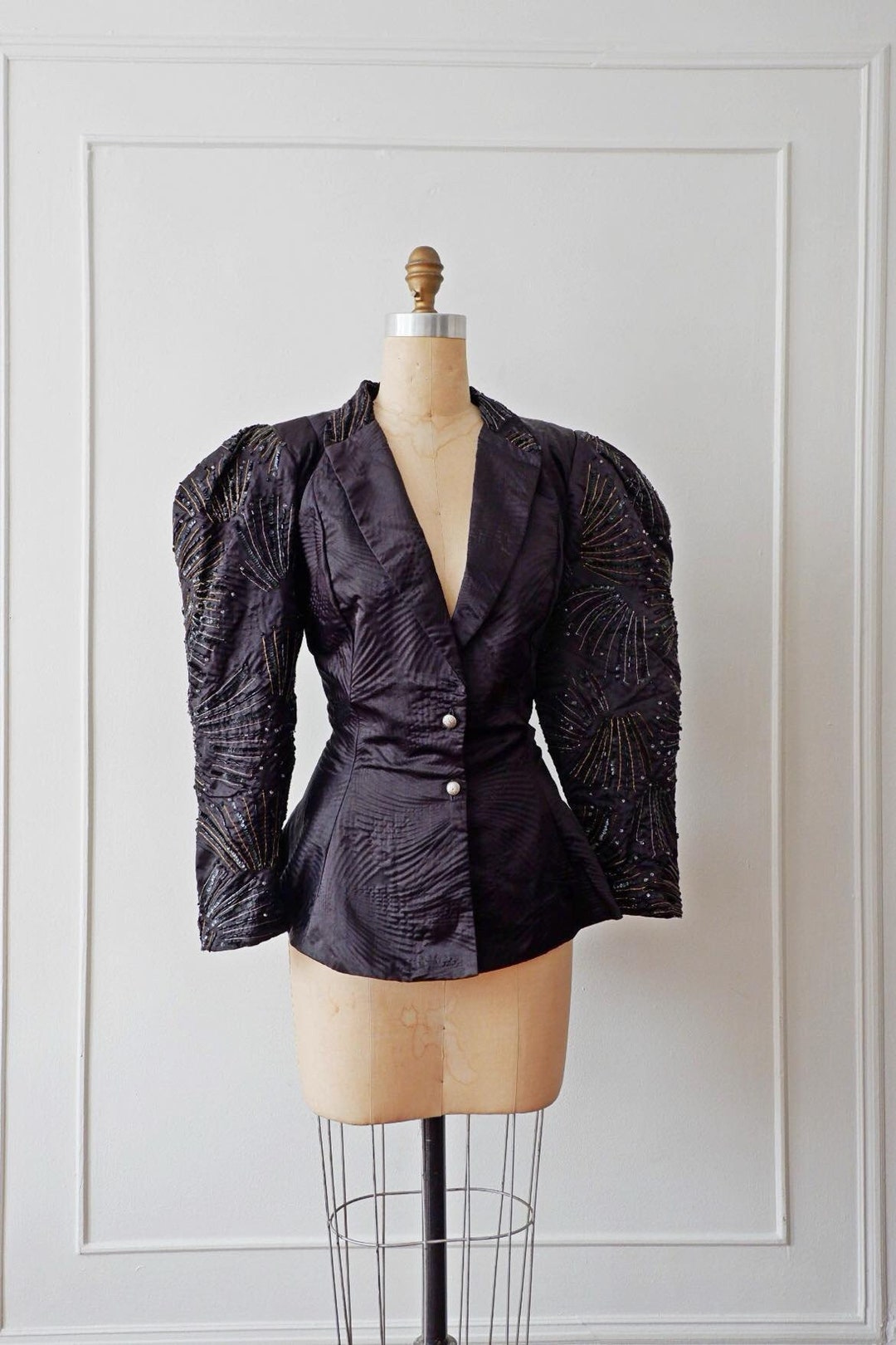 80s Power Shoulders Puff Sleeve Blazer/ Beaded Sequin Peplum Evening ...