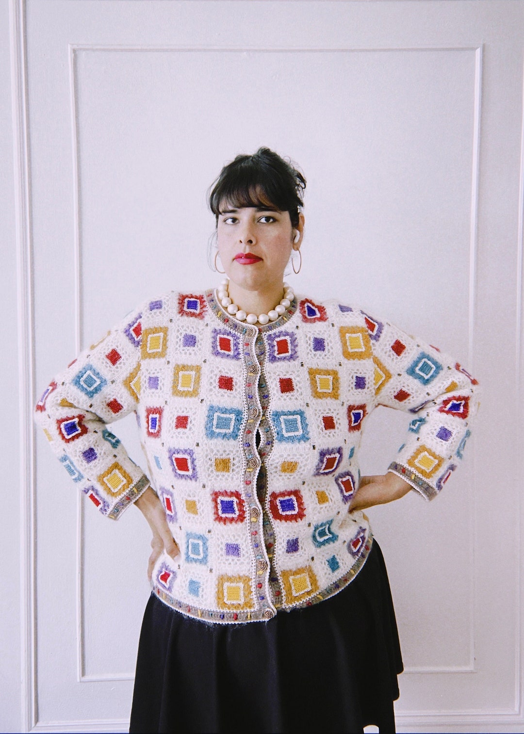 Vintage 80s Primary Color Squares Mohair Cardigan/ Beige Cozy Knitted ...