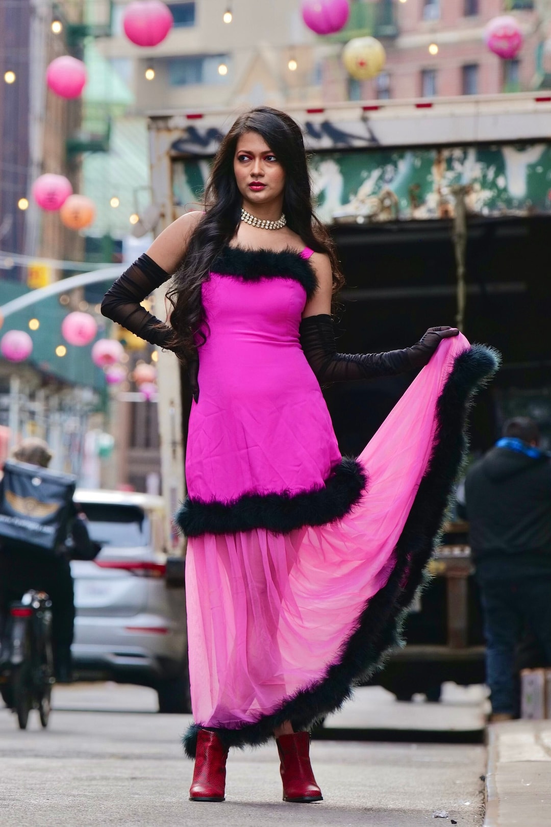 80s Hot Pink Maxi Feather Boa Trim Chiffon Dress/ Hollywood Glam ...