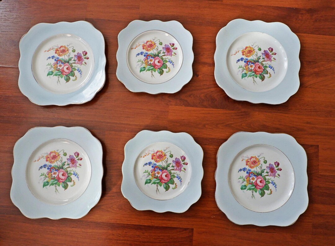 Vintage Floral Light Blue Square PLATE Set/pastel Blue Flower Bouquet ...