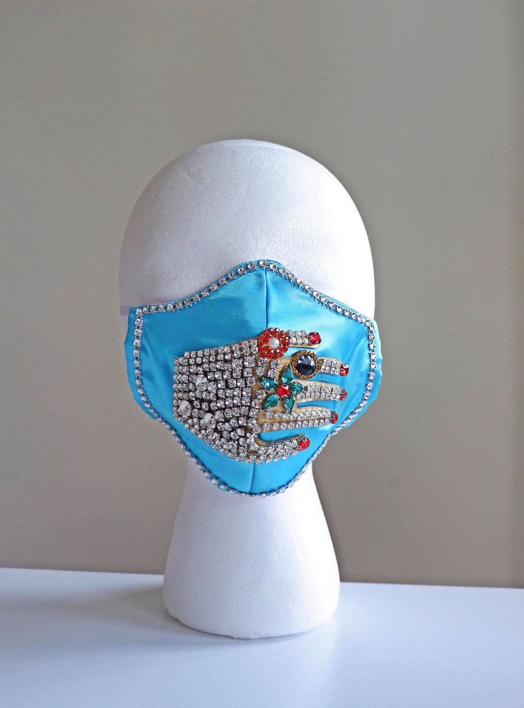 Vogue Blue Turquoise Satin Rhinestone HAND Face Mask/“cover Your Mouth ...