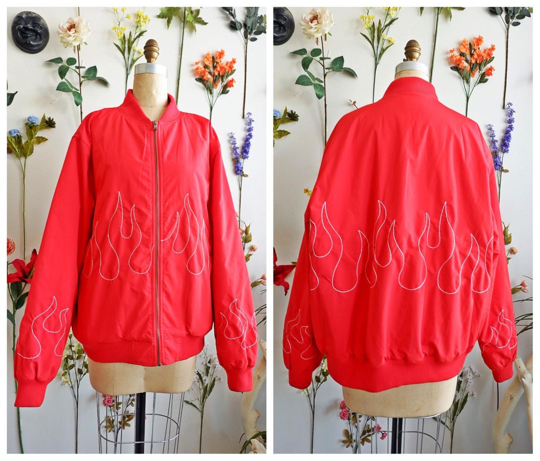 Vintage 90s Streetwear Red Flames Fire Print Puffer Jacket/ Flaming Zip ...