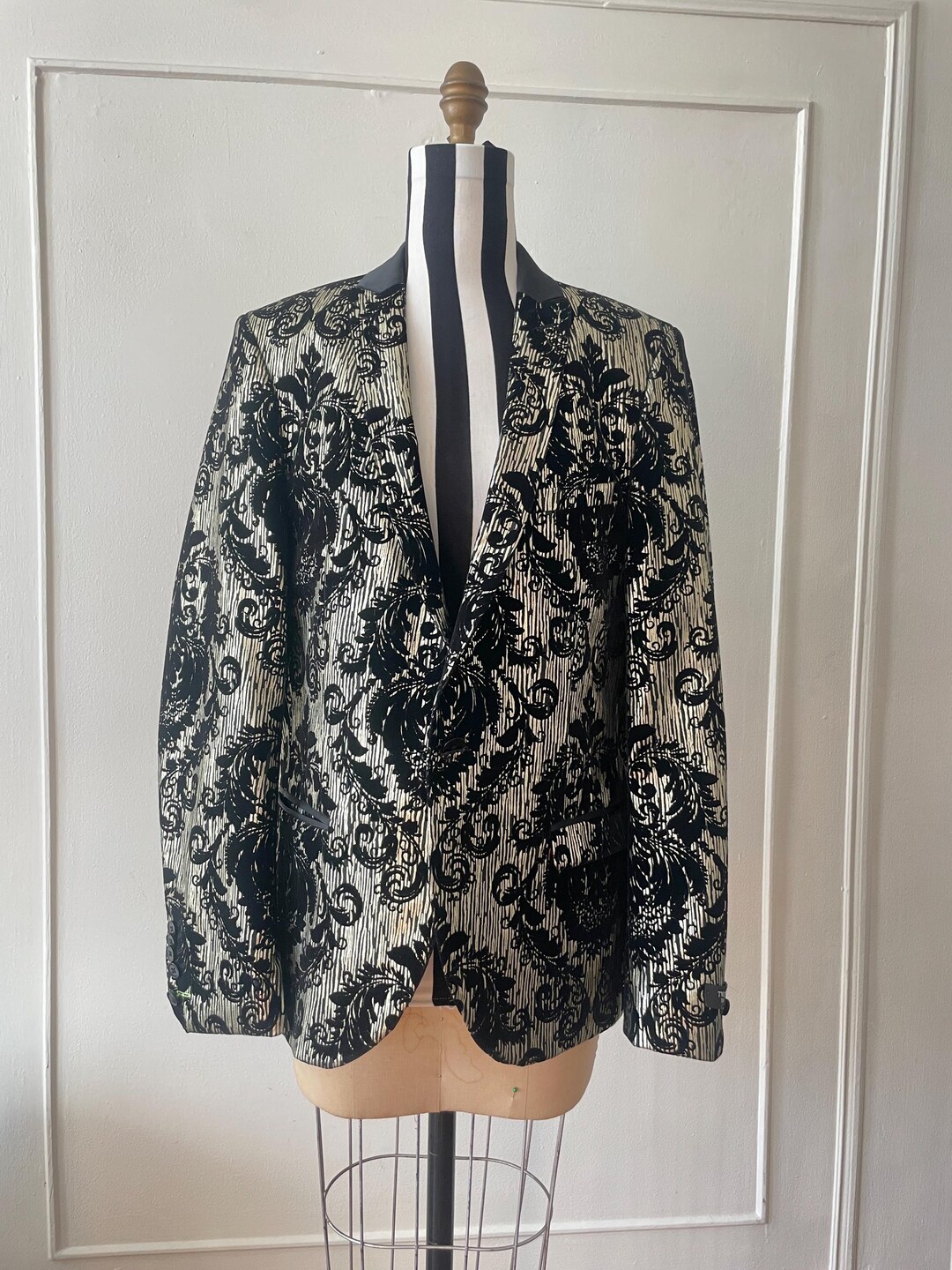 Black & Gold Floral Flocking Blazer/ Rockstar Baroque Slim Fit Twisted ...