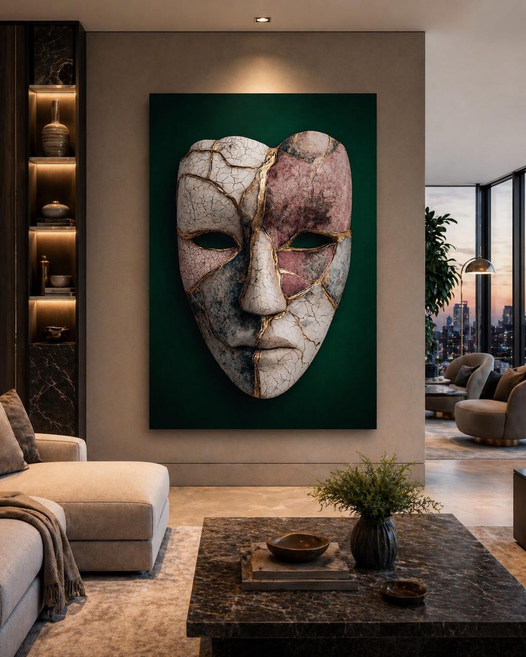 Kintsugi Mask Canvas Wall Art, Emerald Green Gold Abstract Face Decor ...