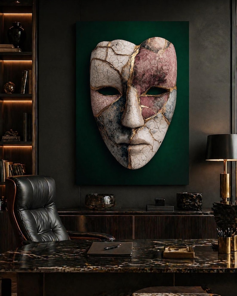 Kintsugi Mask Canvas Wall Art, Emerald Green Gold Abstract Face Decor ...