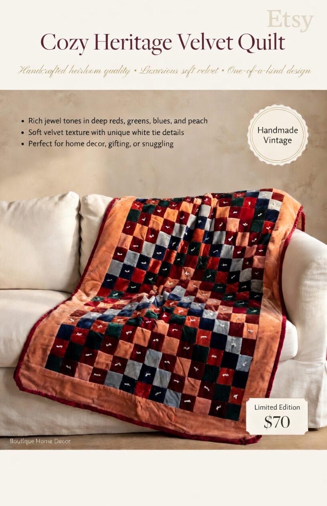 Cozy Heritage Velvet Patchwork Quilt – Vintage Style Throw Blanket in ...