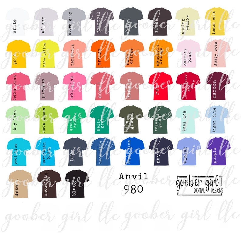 Digital Design, Anvil 980 T-shirt Color Chart, Digital Download, PNG ...