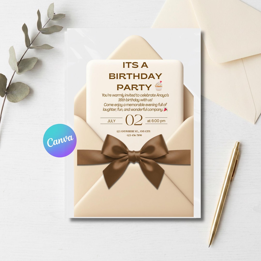 Anaya's Elegant Envelope Birthday Invitation With Brown Ribbon Bow - Etsy