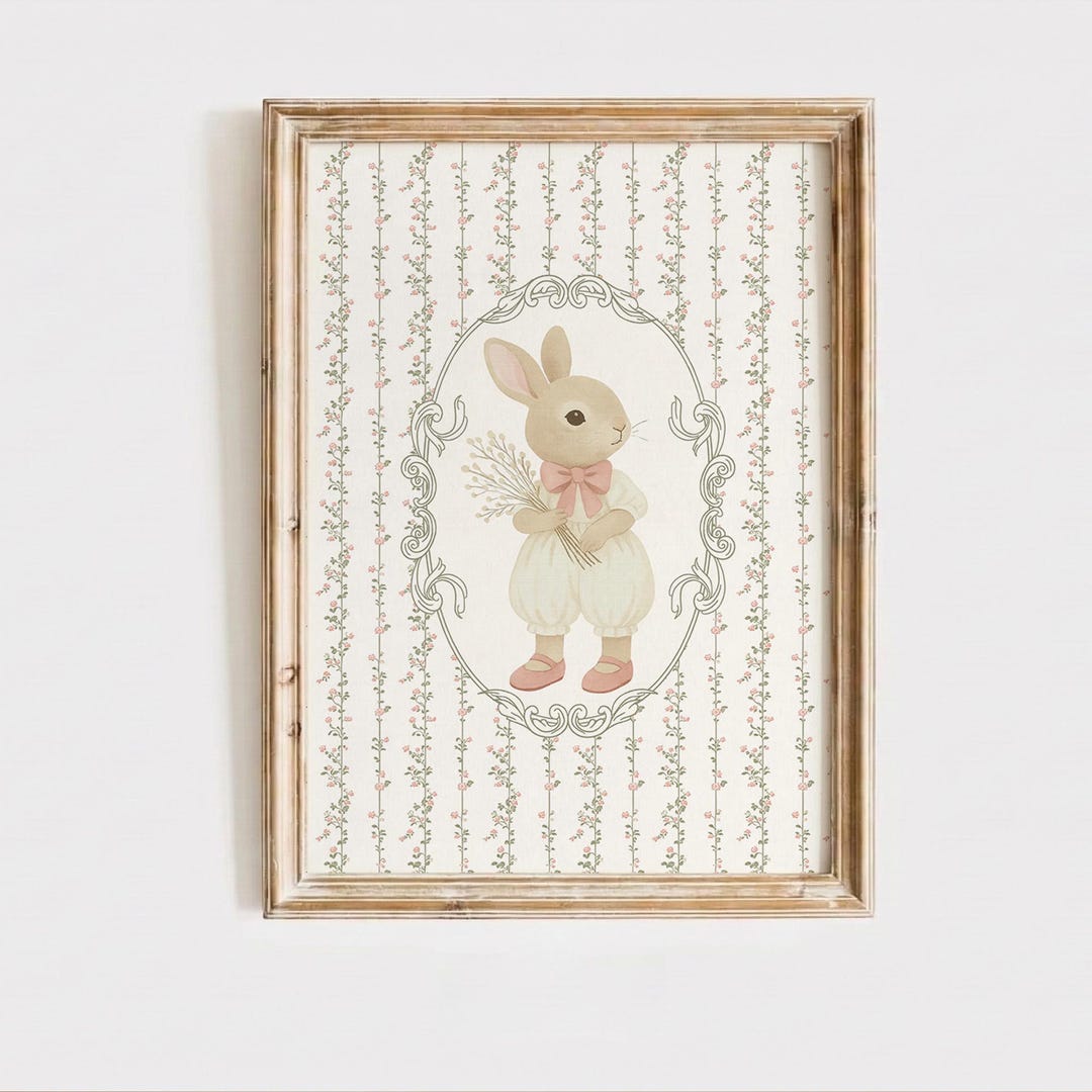 Vintage Bunny Baby Girl Nursery Print, Floral Wallpaper, Rustic Charm ...