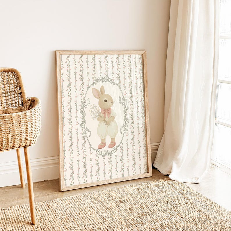 Vintage Bunny Baby Girl Nursery Print, Floral Wallpaper, Rustic Charm ...