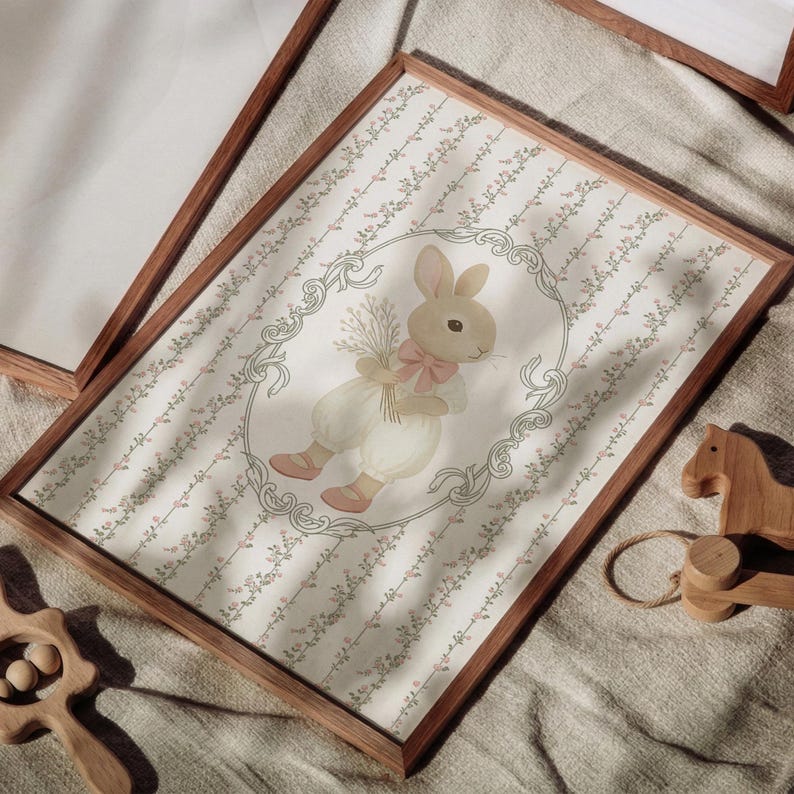 Vintage Bunny Baby Girl Nursery Print, Floral Wallpaper, Rustic Charm ...