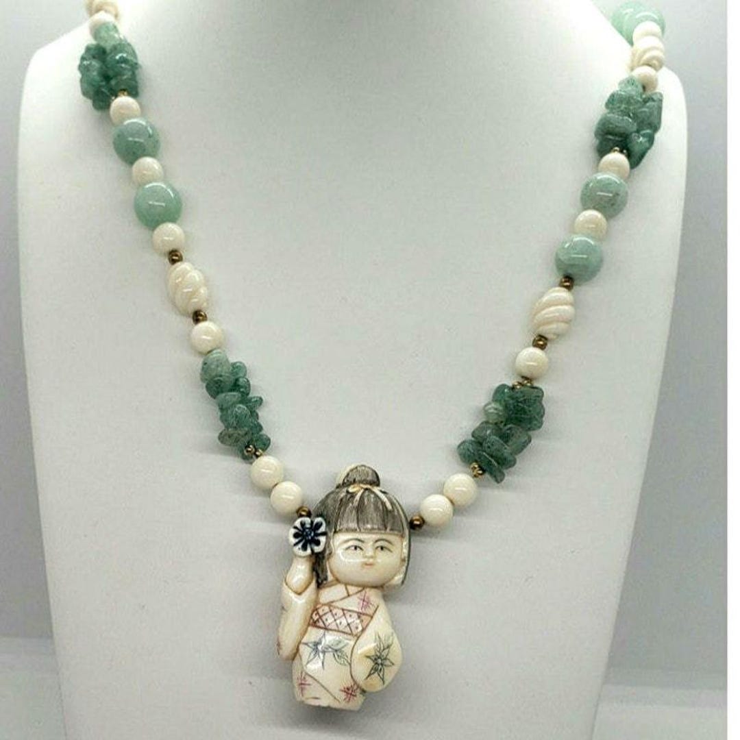 Netsuke Geisha Girl Necklace Nephrite Beaded Japan China Gemstone - Etsy