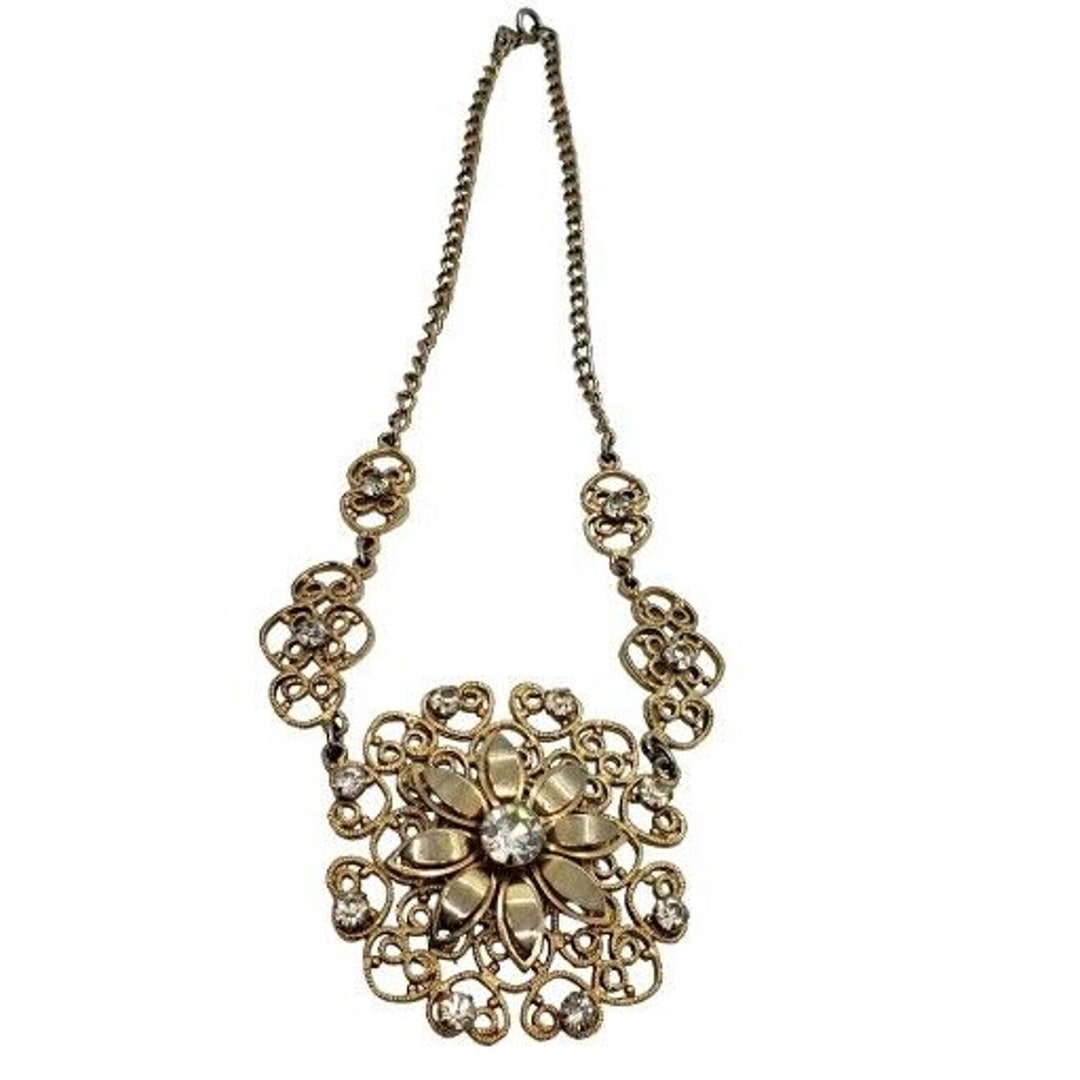 Vintage Necklace Large Filigree Daisy Flower Rhinestone Swedge Set Beau ...