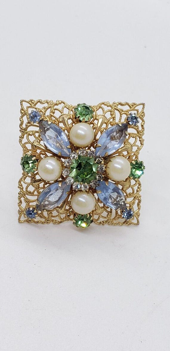 Vintage Brooch Rhinestone Faux Pearl Square Gold Fili… - Gem