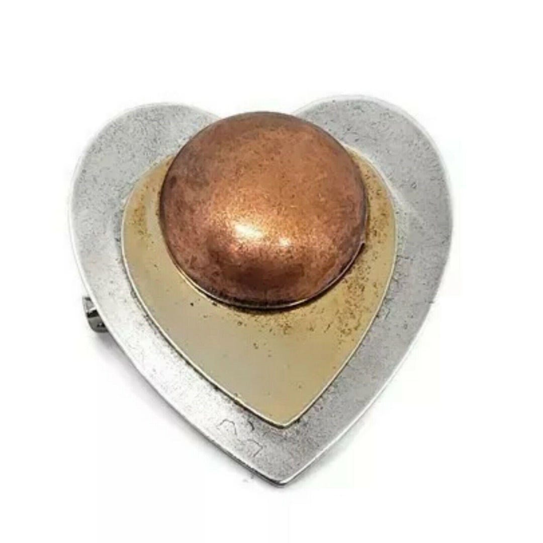 Vintage MCM Mixed Metal Heart Brooch Pin Stainless Copper Brass ...