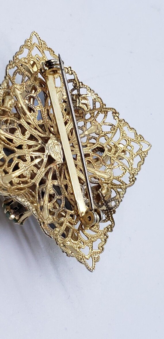 Vintage Brooch Rhinestone Faux Pearl Square Gold Fili… - Gem