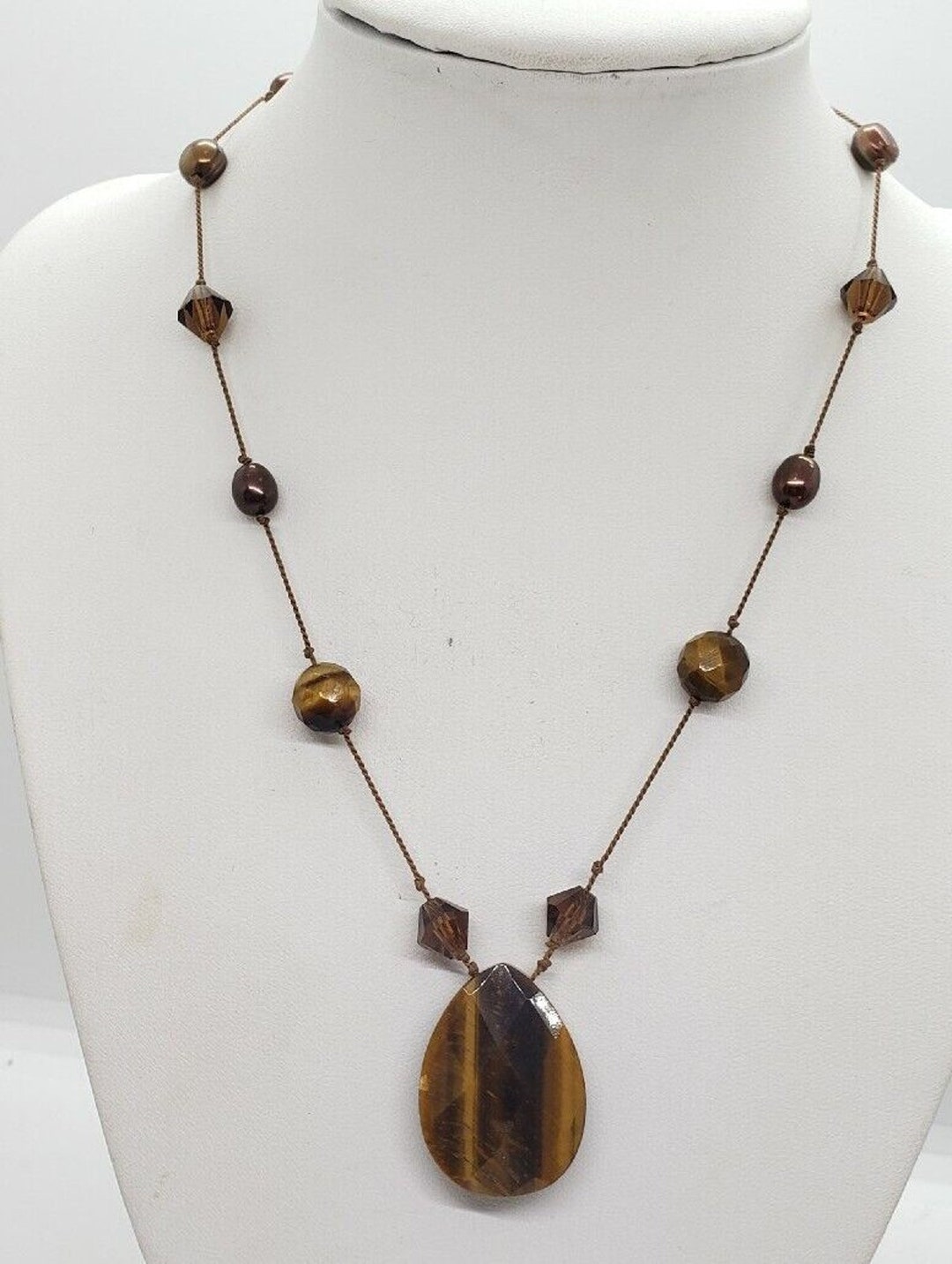 Vintage Large Tiger Eye Pendant Necklace & Baroque Pearls Gemstone ...