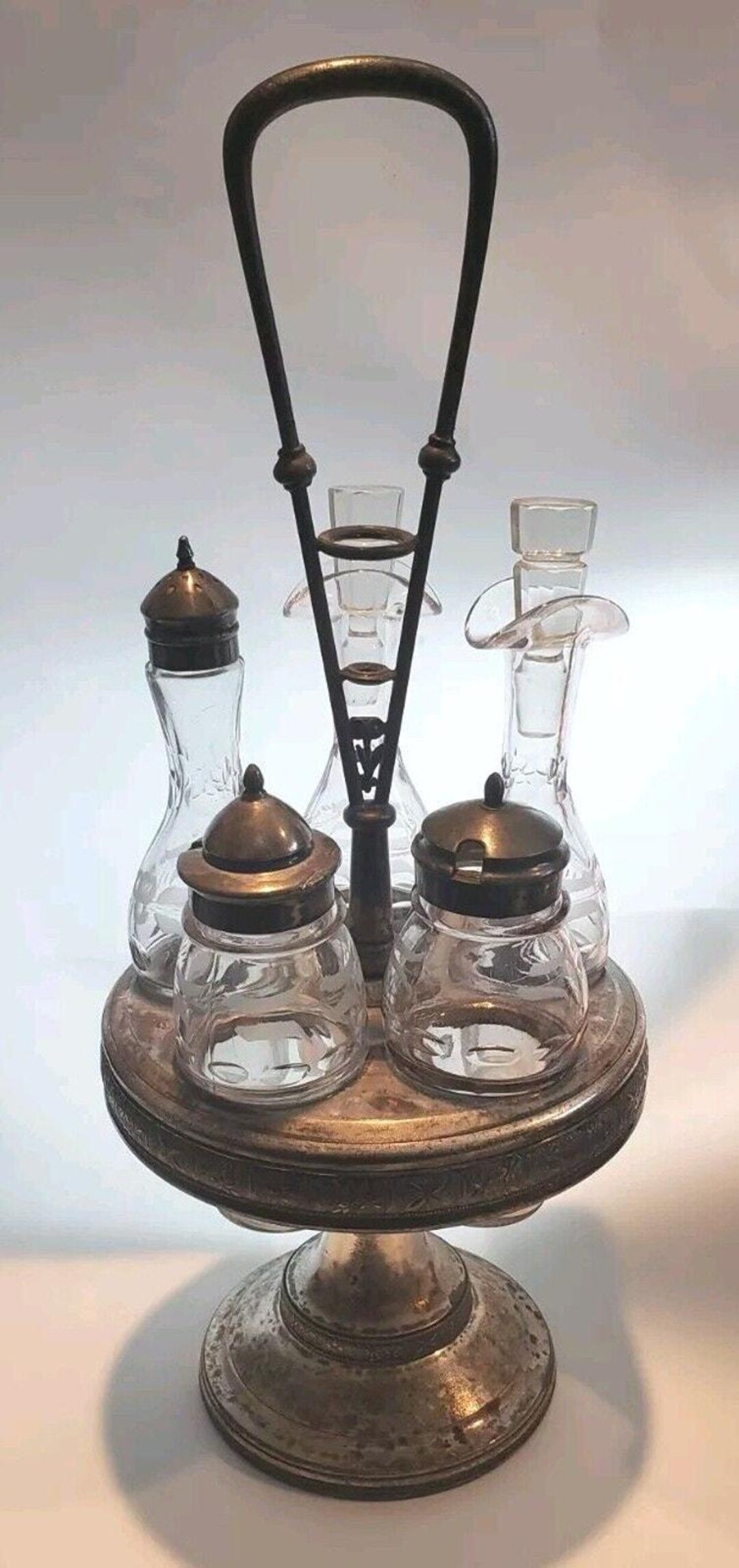 Antique Victorian Cruet Set Silver Plate 5 Glass Bottle Vintage Vinegar ...