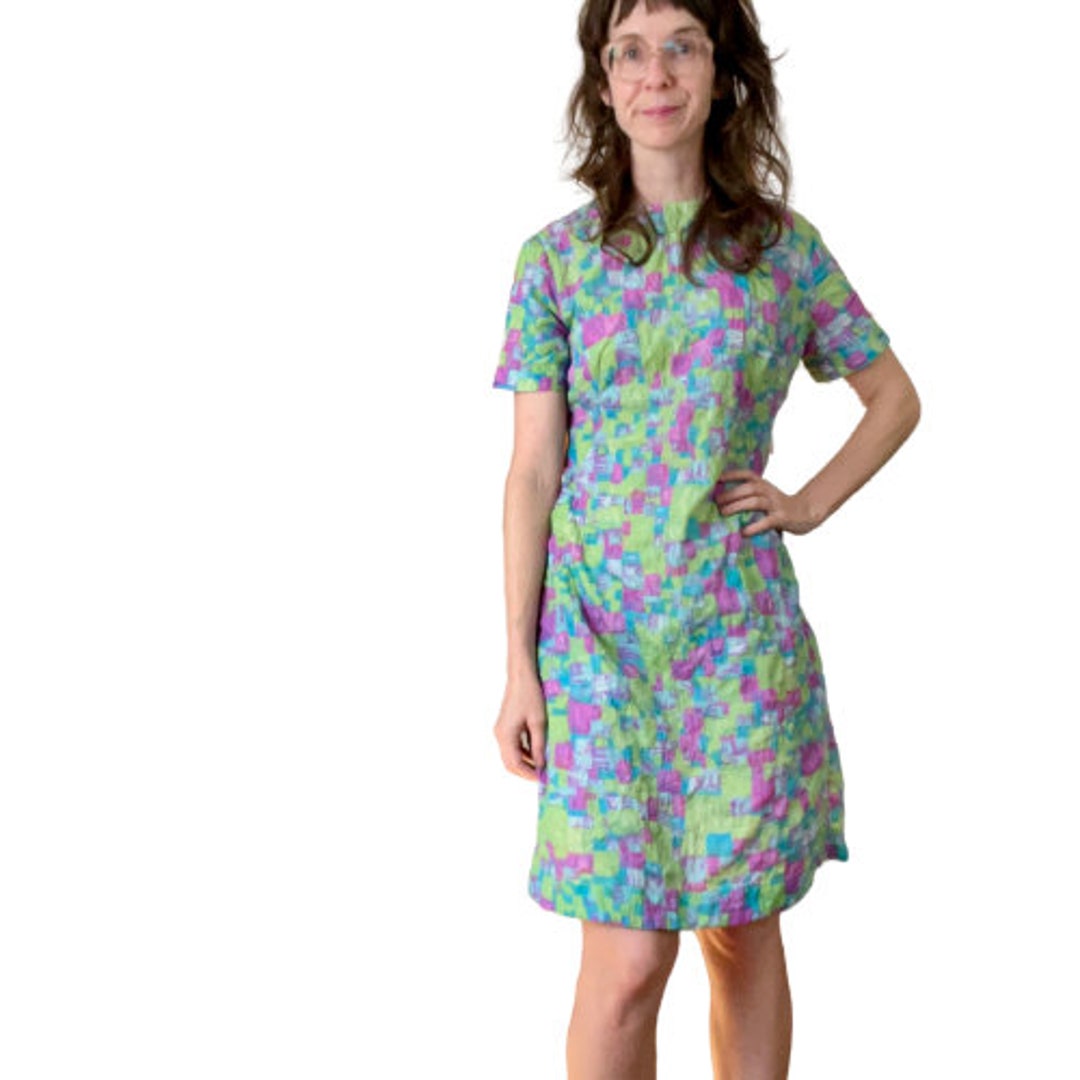 70's Mod Shift Dress in Medium Neon Green and Purple Quilt Print - Etsy