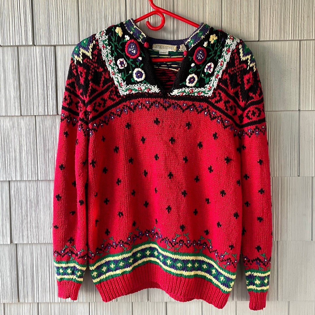 Vintage Knit Sweater Fair Isle Red Size Medium Oversized - Etsy