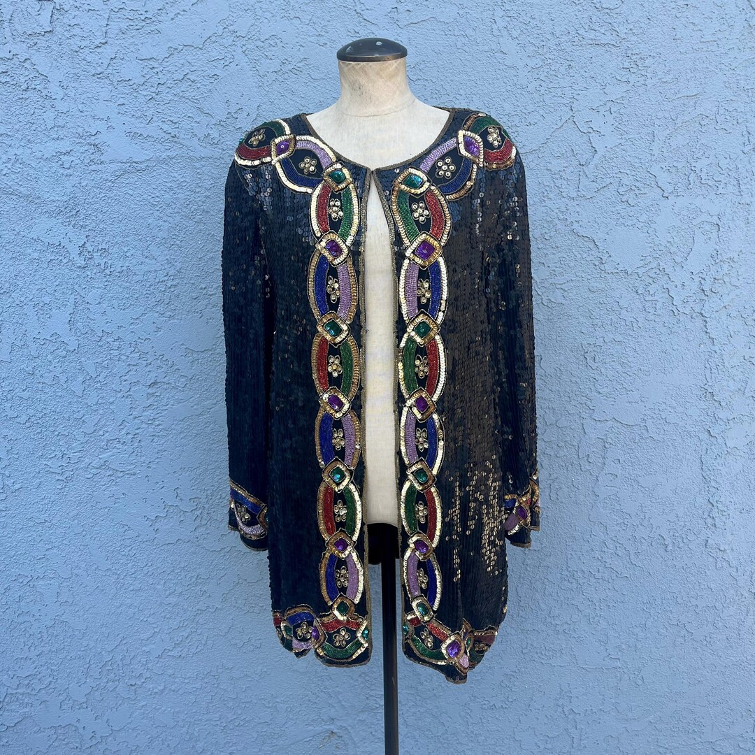 Vintage Long Sequin Jacket in XL Plus Size Rainbow Sparkle Evening ...