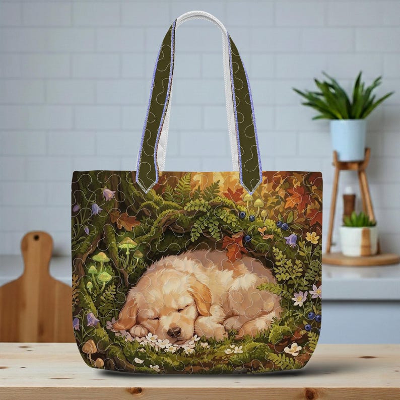 Sleeping Puppy Quilted Tote Bag, Woodland Dog Shoulder Bag, Cottagecore ...