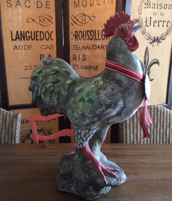 French Farmhouse Decor Hand Painted Rooster Statue Statuary | Etsy