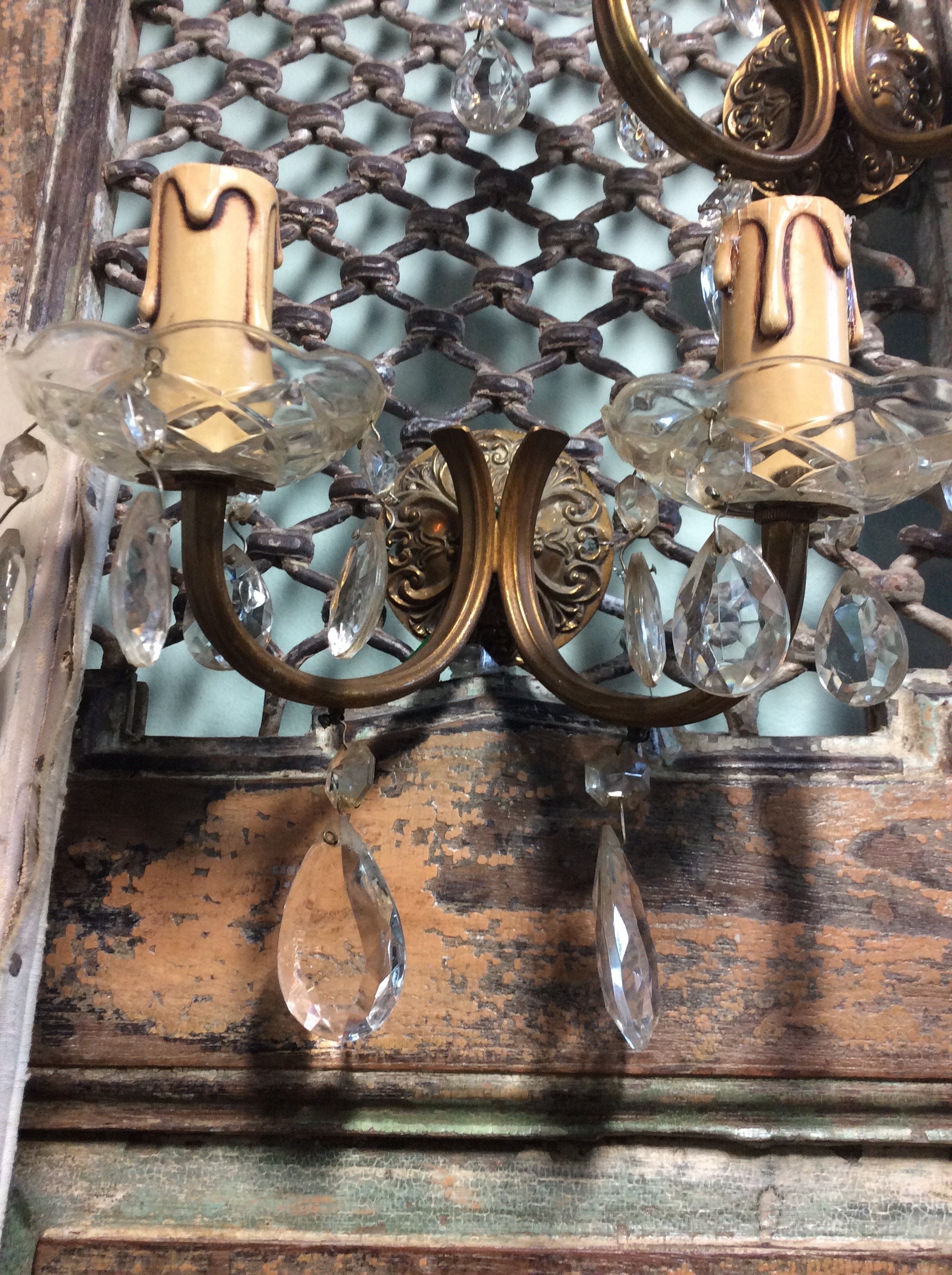 Solid Brass & Crystal Pair of French Antique Wall Sconces ...