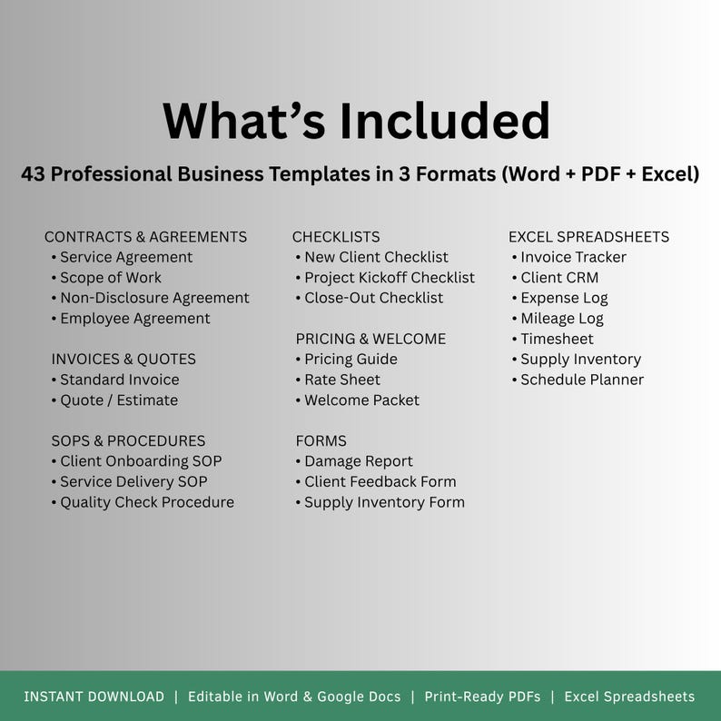 Contractor Business Template Bundle: Contracts, Invoices, Sops (excel ...