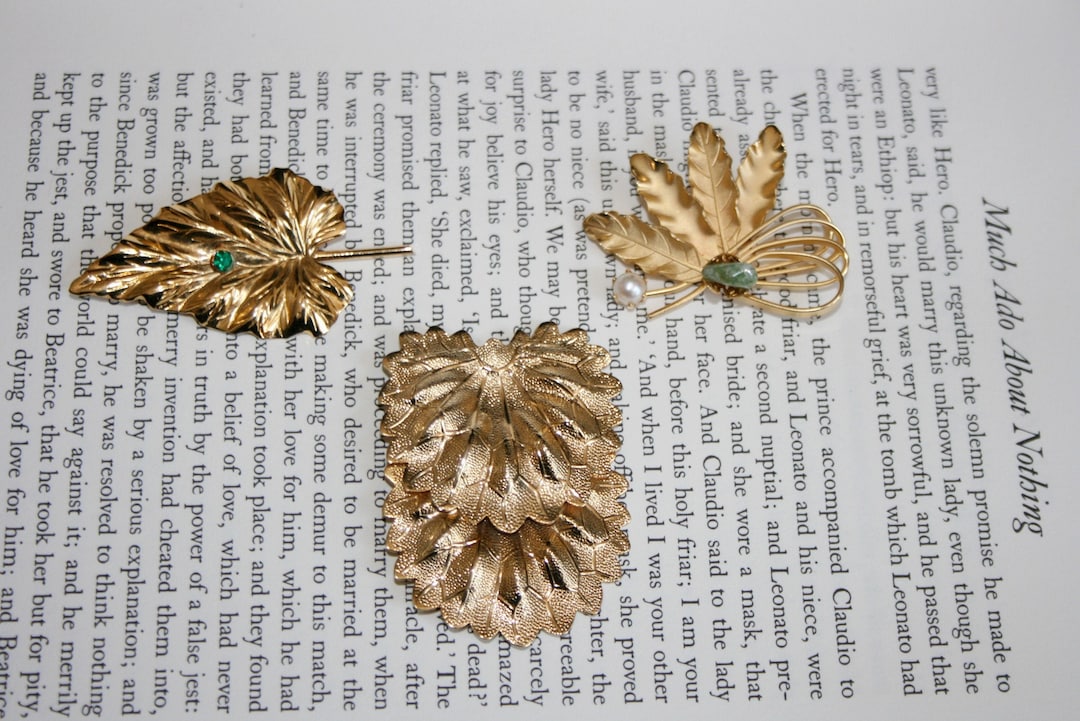Lot of 3 Leaf Brooches - Gold Tone With Green Rhinestone Details ...