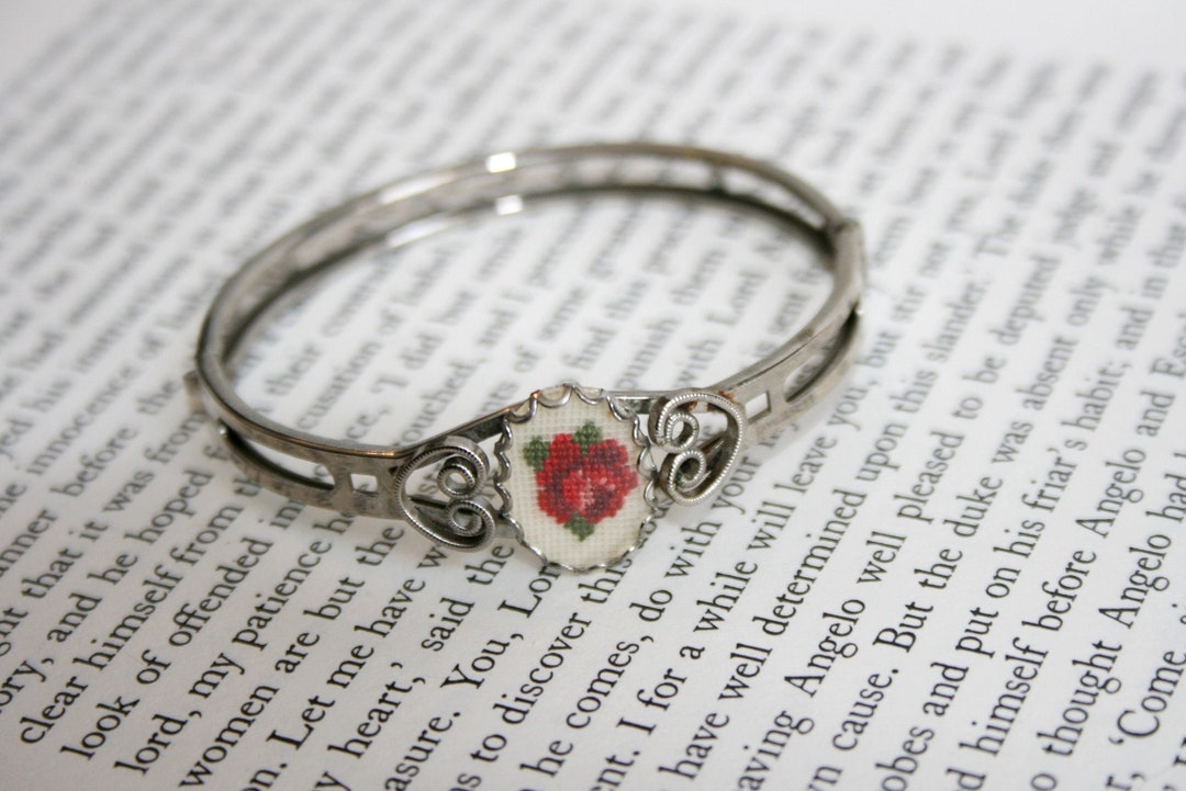 Petit Point Rose Bracelet - Vintage Hand Stitched Silver Tone Bracelet ...