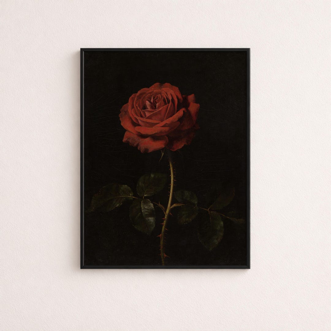 Antique Dark Rose Oil Painting: Moody Charcoal Floral Still Life ...