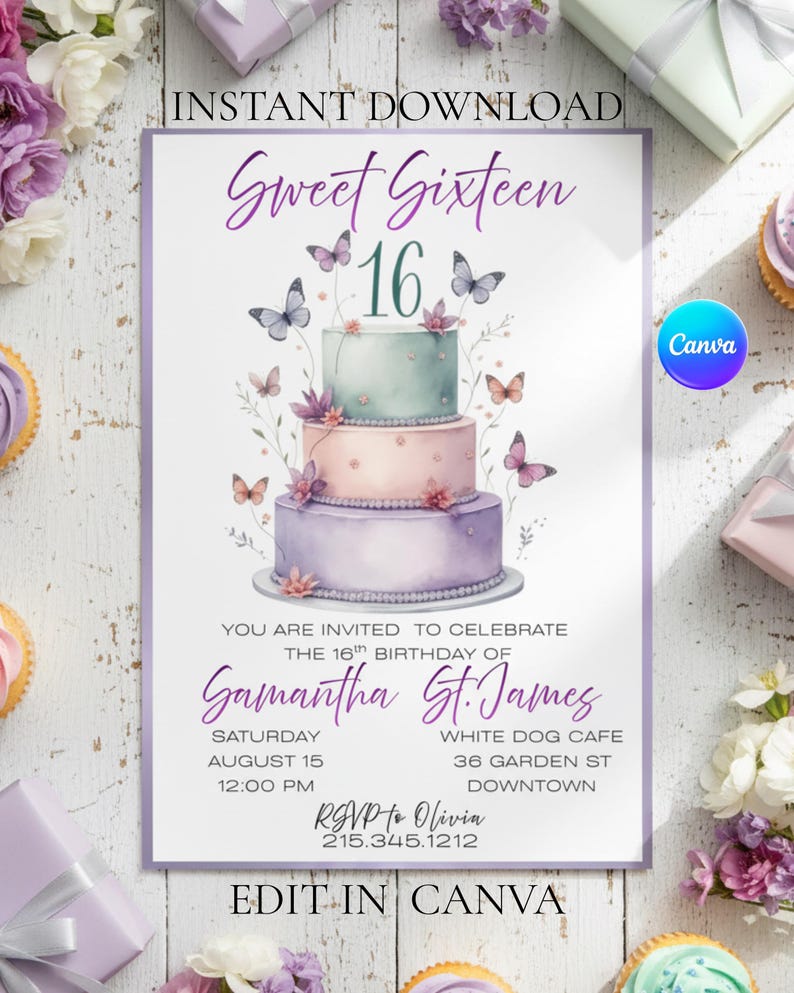 Butterfly Sweet 16 Invitation, Pastel Tiered Cake, Floral Purple ...