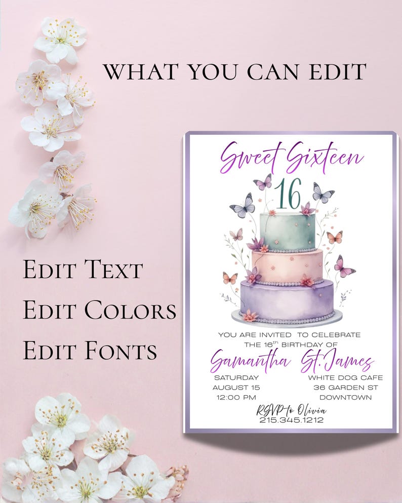 Butterfly Sweet 16 Invitation, Pastel Tiered Cake, Floral Purple ...