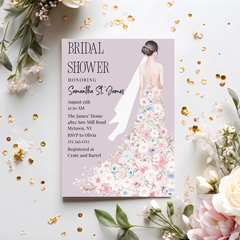 Floral Bridal Shower Invitation Template, Watercolor Dress, Elegant ...