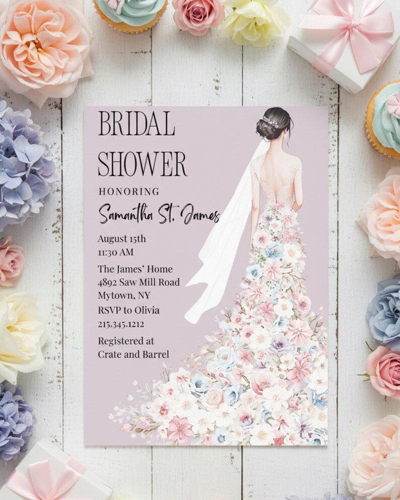 Floral Bridal Shower Invitation Template, Watercolor Dress, Elegant ...