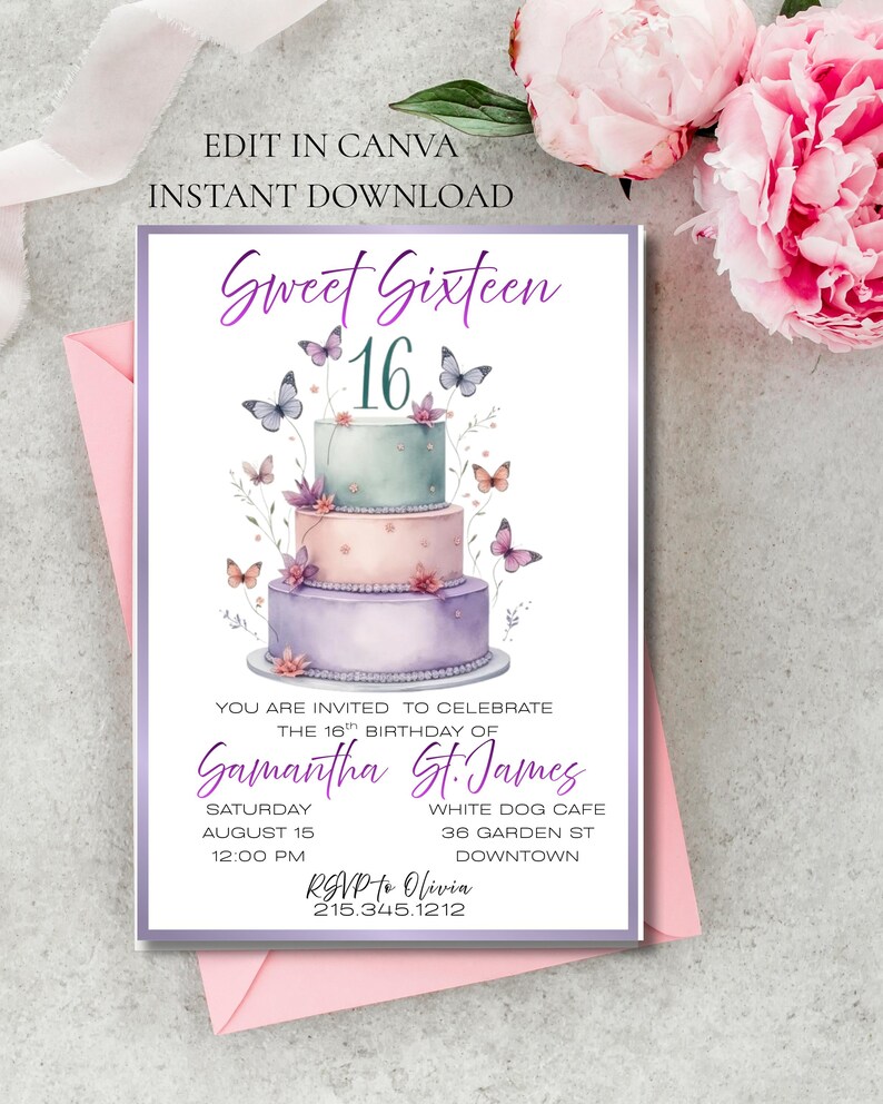 Butterfly Sweet 16 Invitation, Pastel Tiered Cake, Floral Purple ...