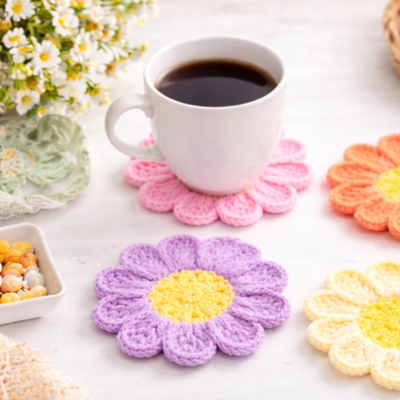 Flower Coaster Crochet Pattern PDF, Beginner Floral Mug Rug, Easy 8 ...