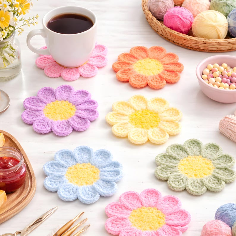 Flower Coaster Crochet Pattern PDF, Beginner Floral Mug Rug, Easy 8 ...