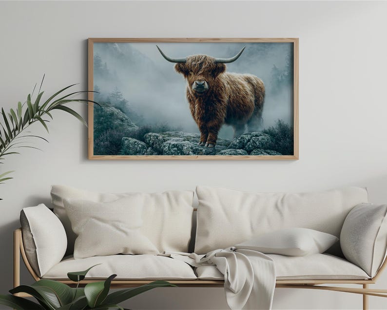 Highland Cow Samsung Frame TV Art | Moody Misty Scottish Painting ...
